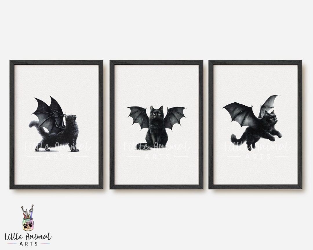 Cute Black Cat Bat Art Print Set • Spooky Halloween October Autumn Wall ...