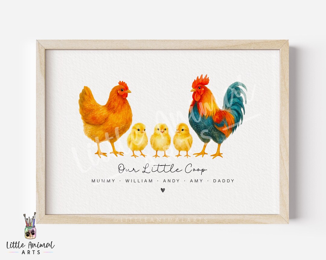 Chicken Family Print • Custom Hen Rooster and Chick Wall Art With Names ...