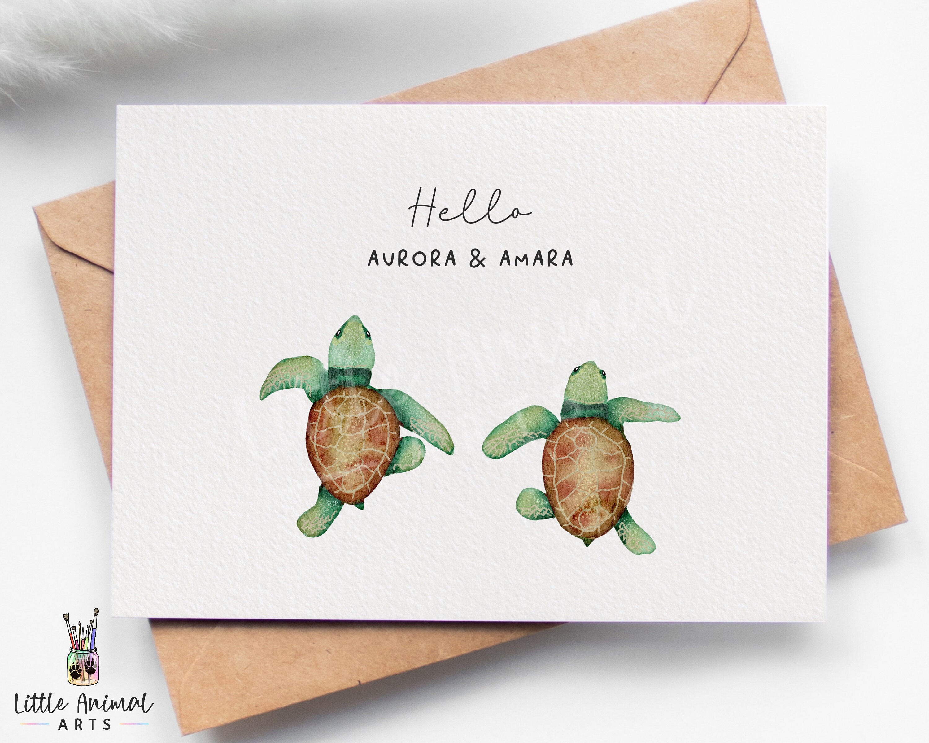 Sea Turtle Twins New Baby Card • Personalised Newborn Girl Boy Unisex ...