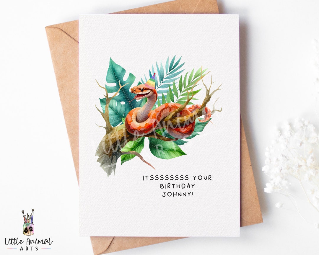 Funny Snake Birthday Card • Personalised Watercolour Animal Greeting ...