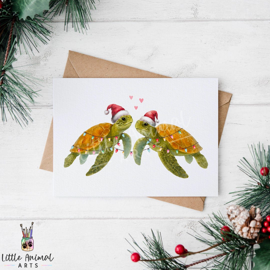Sea Turtle Christmas Card • Cute Ocean Animal Couple Xmas Card • Sea ...