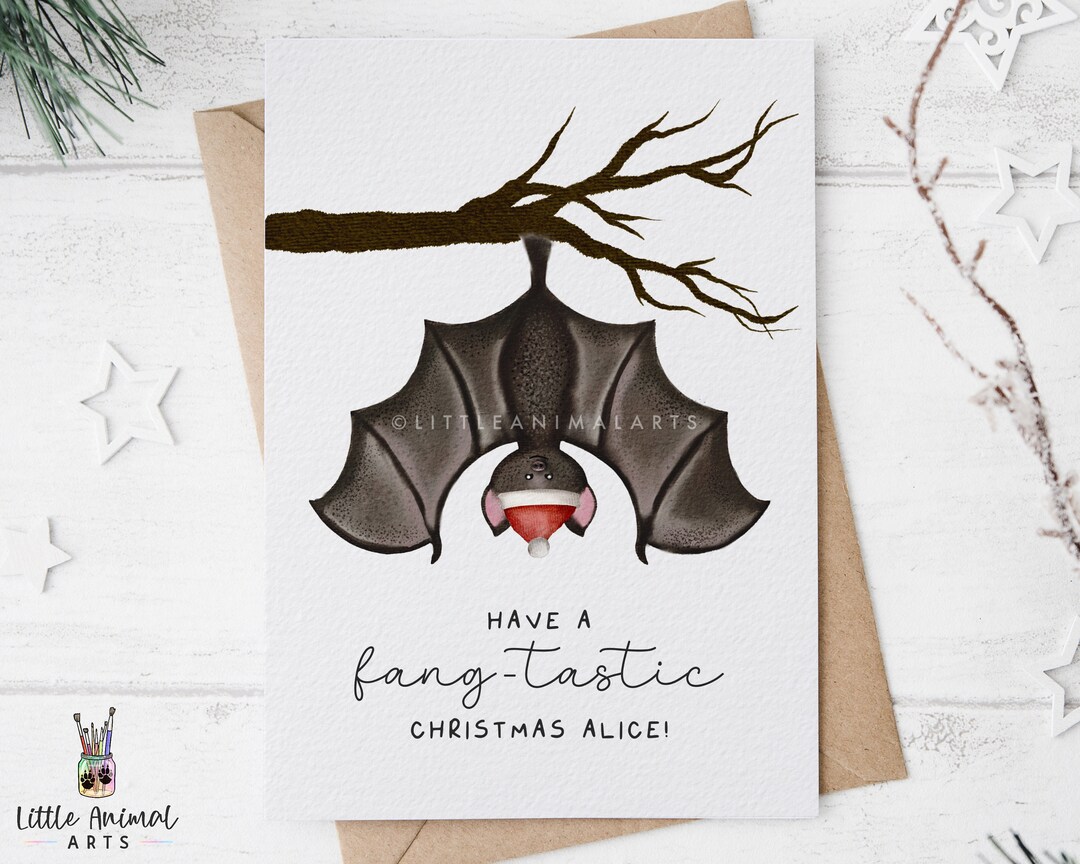 Cute Bat Christmas Card Personalised Gothic Xmas Holiday Gift Custom ...