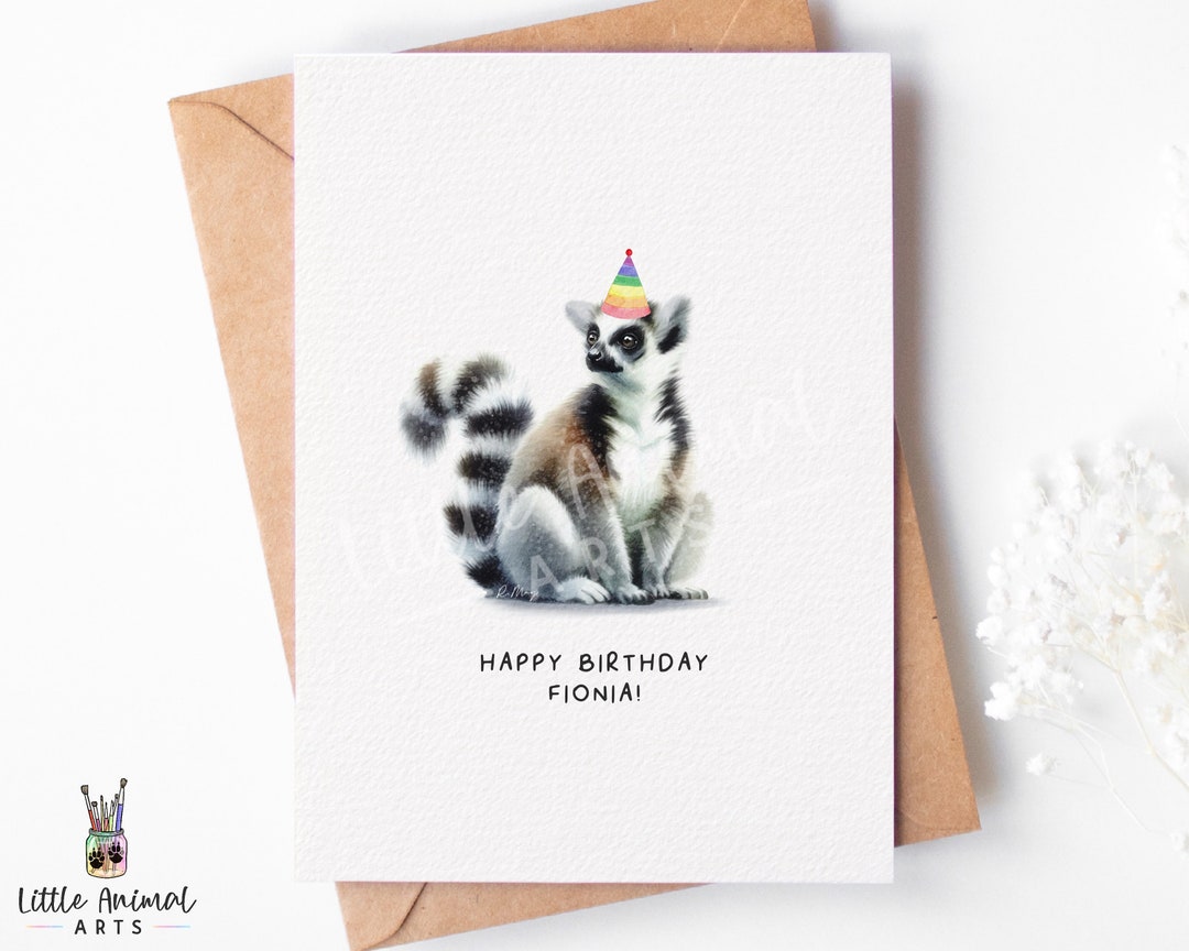 Lemur Birthday Card • Personalised Watercolour Animal Greeting for Her ...
