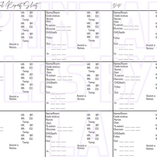 Nurse Tech/nursing Assistant Report Sheet 9 Patients - Etsy
