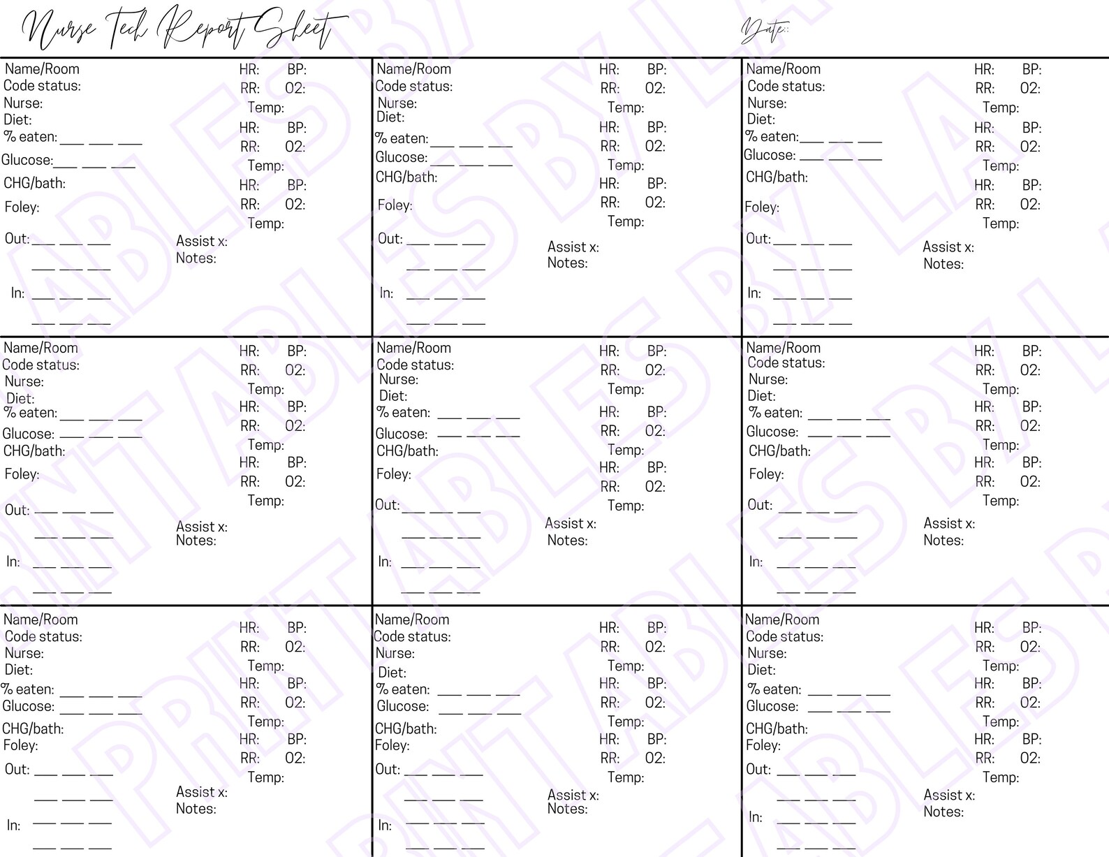 Nurse Tech/nursing Assistant Report Sheet 9 Patients - Etsy
