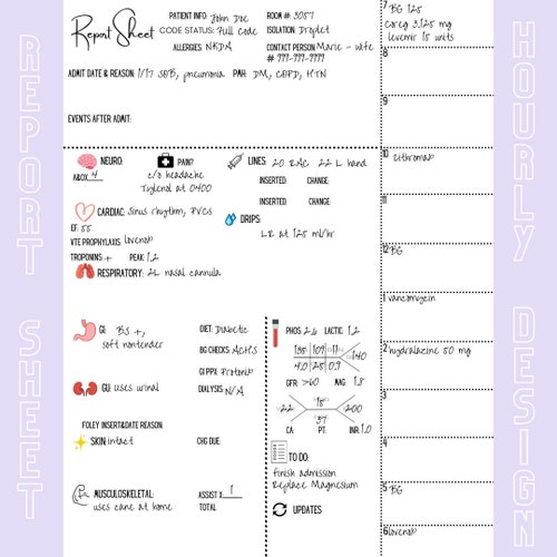 Nurse Report Sheet With Hourly To-do Schedule Day/night Shift - Etsy