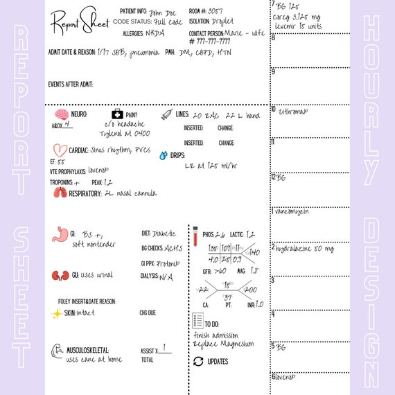 Nursing Report Sheet With Hourly Layout - Etsy