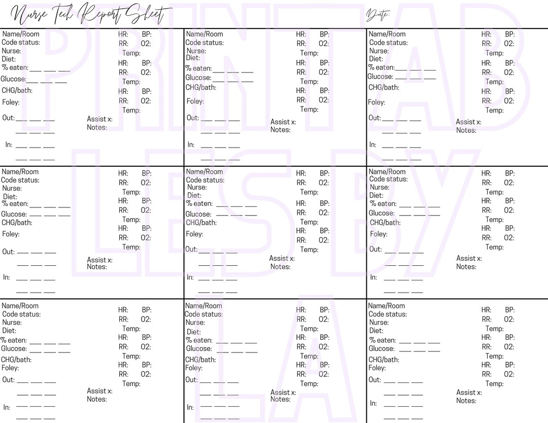Nurse Tech/nursing Assistant Report Sheet 9 Patients - Etsy