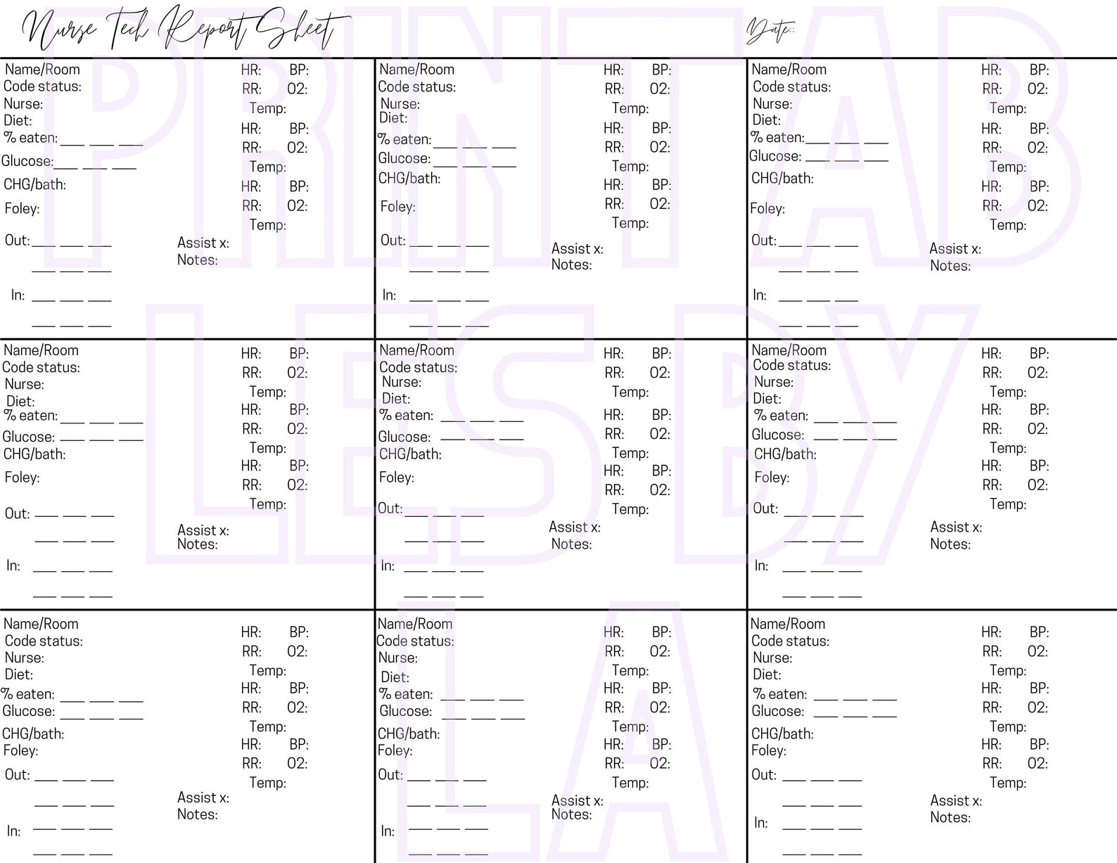 Nurse Tech/nursing Assistant Report Sheet 9 Patients - Etsy