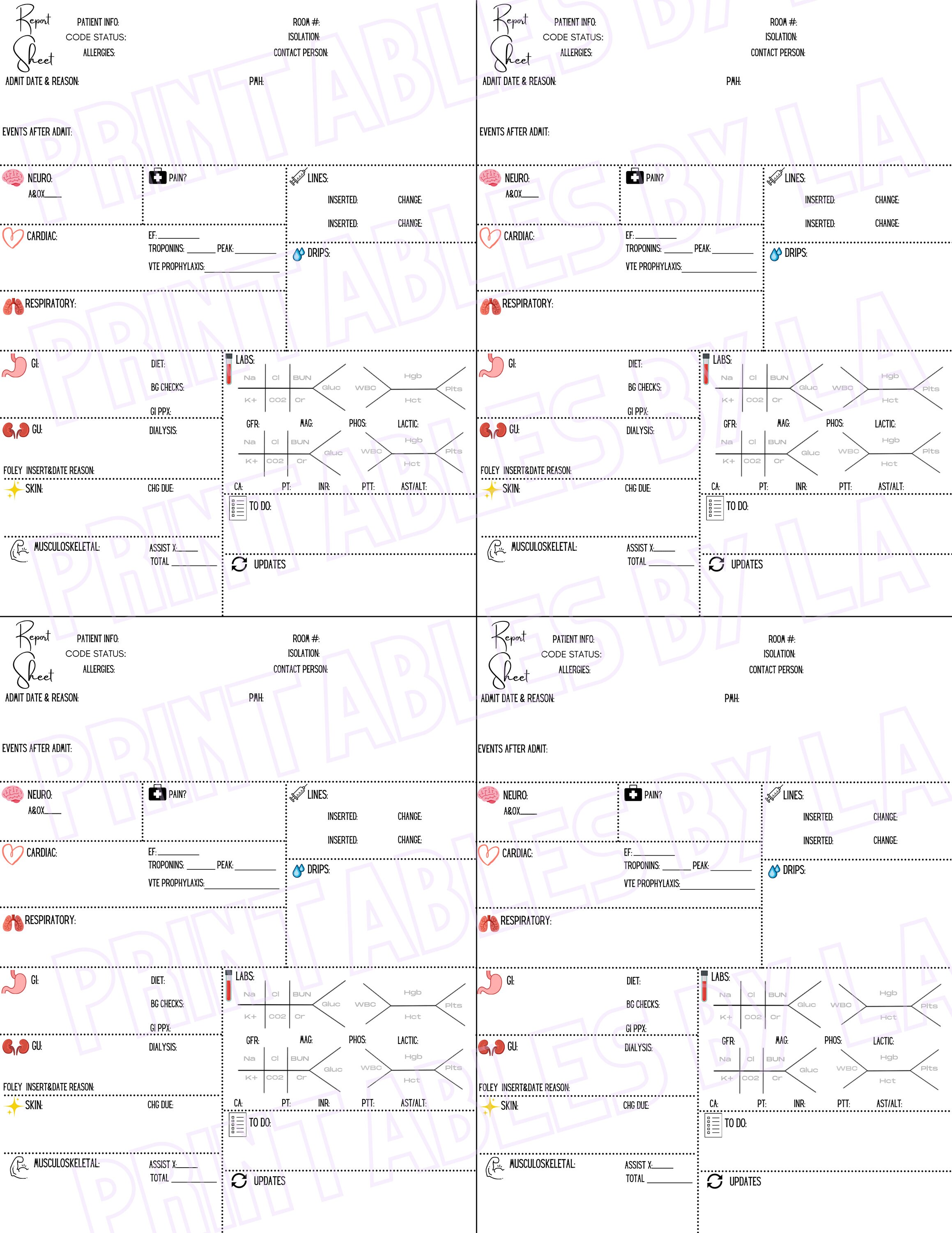 Four Patient Nursing Report Sheet | Etsy