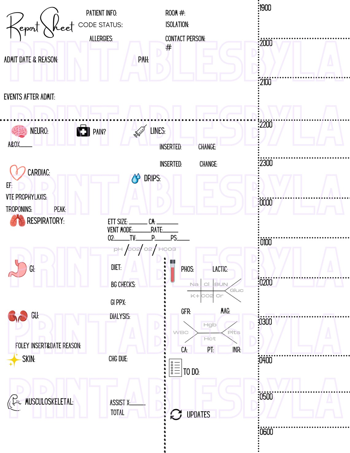 ICU Report Sheet Hourly Shift Organizer - Etsy