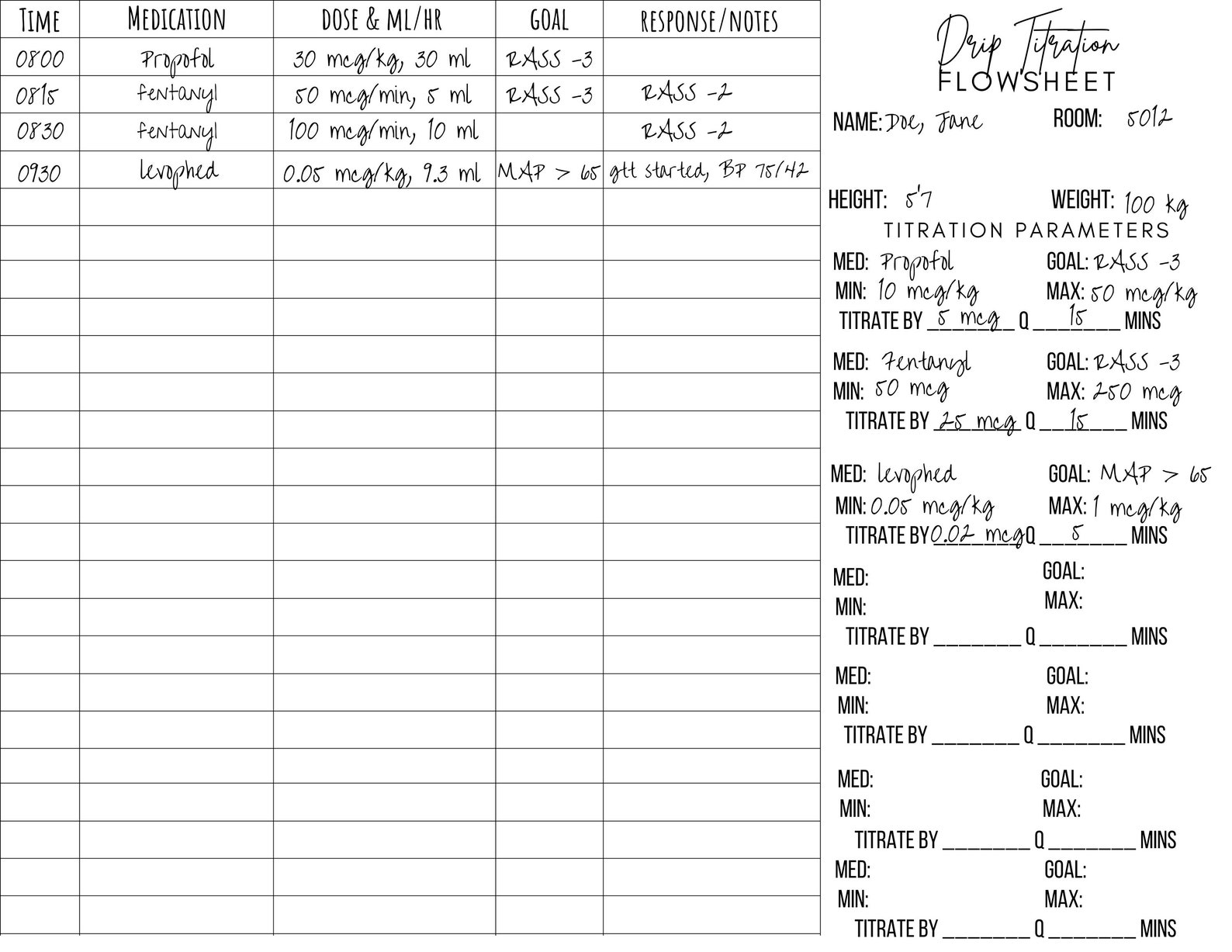 Nursing Drip Titration Flowsheet - Etsy