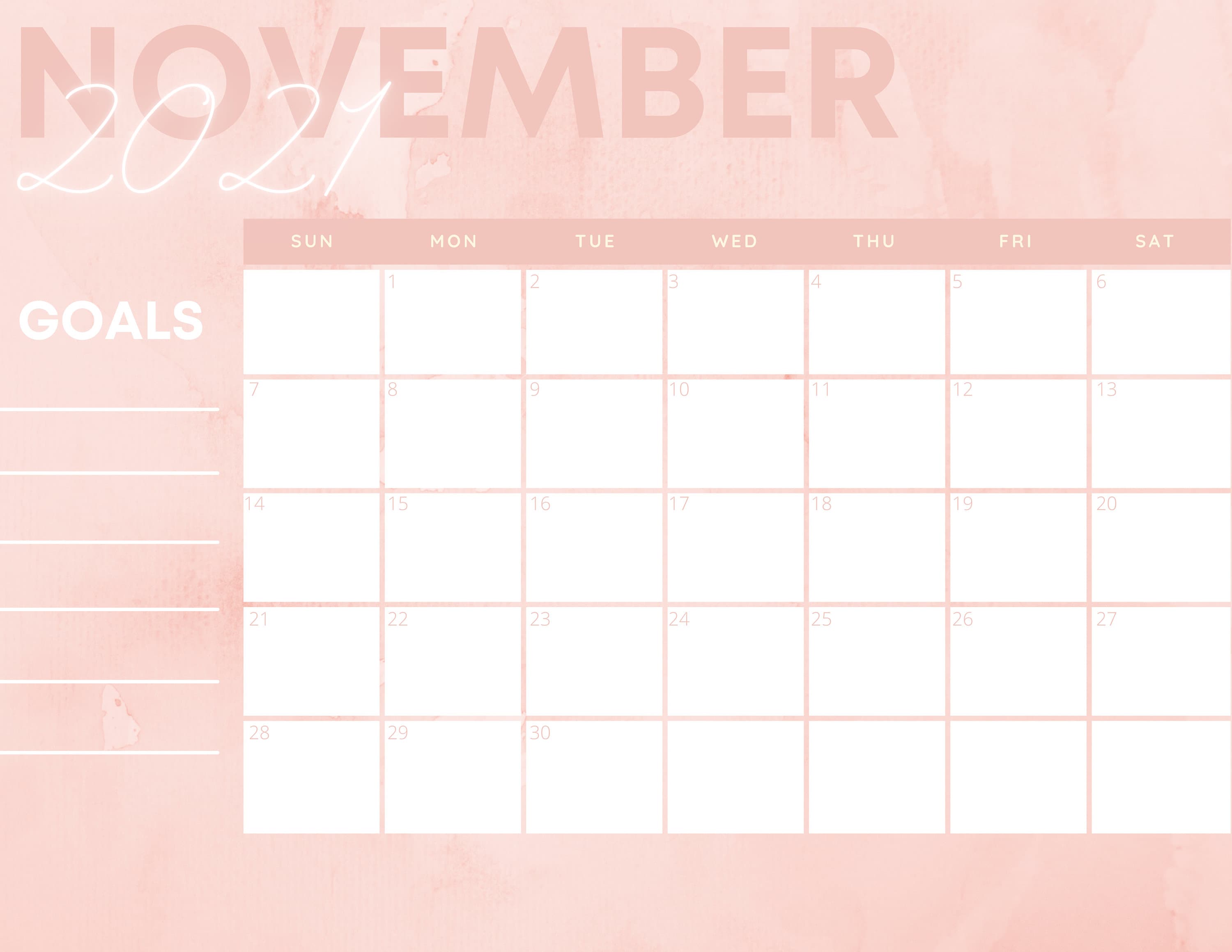 November 2021 Calendar Printable Pink | Etsy
