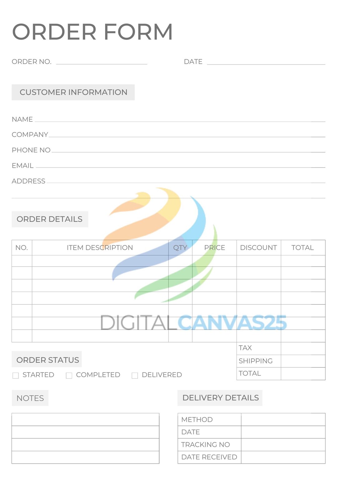 Business Generic Order Form and Payment Receipt | Printable Order Form ...