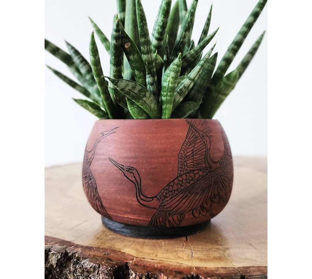 Hand Carved Japanese Cranes single Piece Ceramic Flower Pot Planter ...