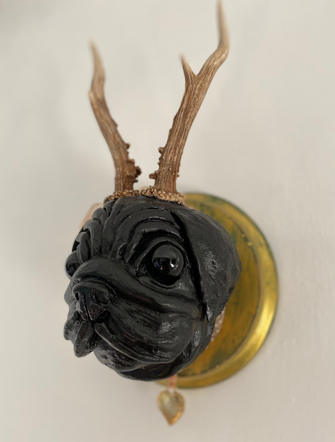 Retro Pug Pug Black Extravagant Gift Hand Modeled Antlers Antique ...