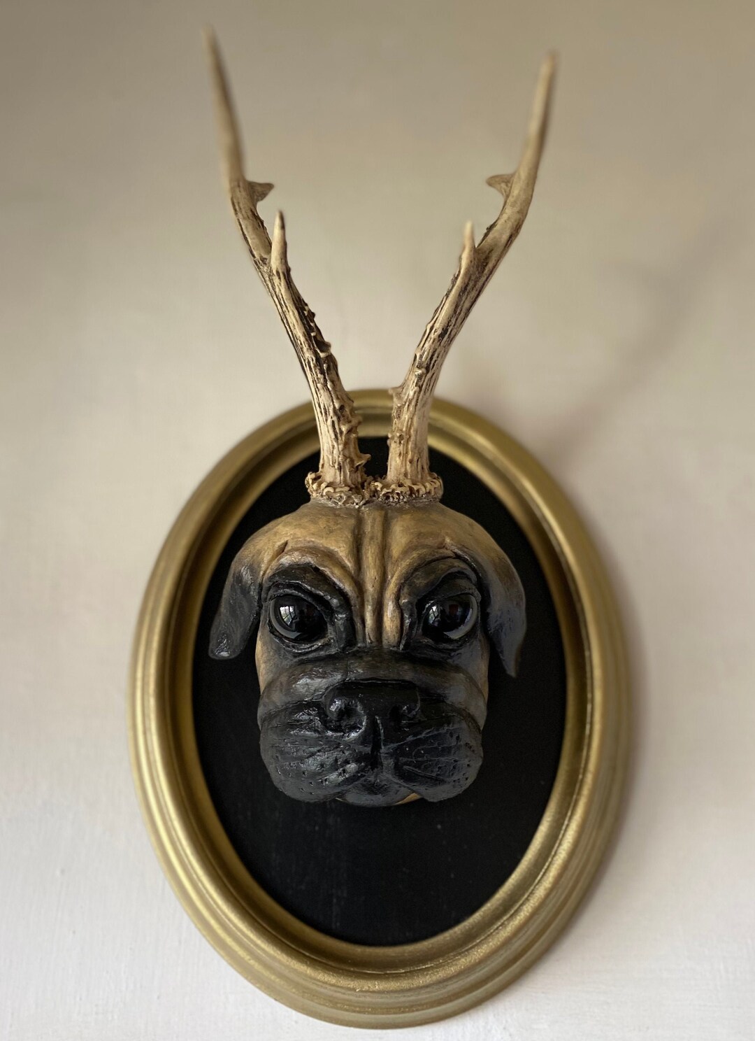 Pug Oval Unique Gift Bulldog Gold Frame Signed Deko Pugs Wall Jewelry ...