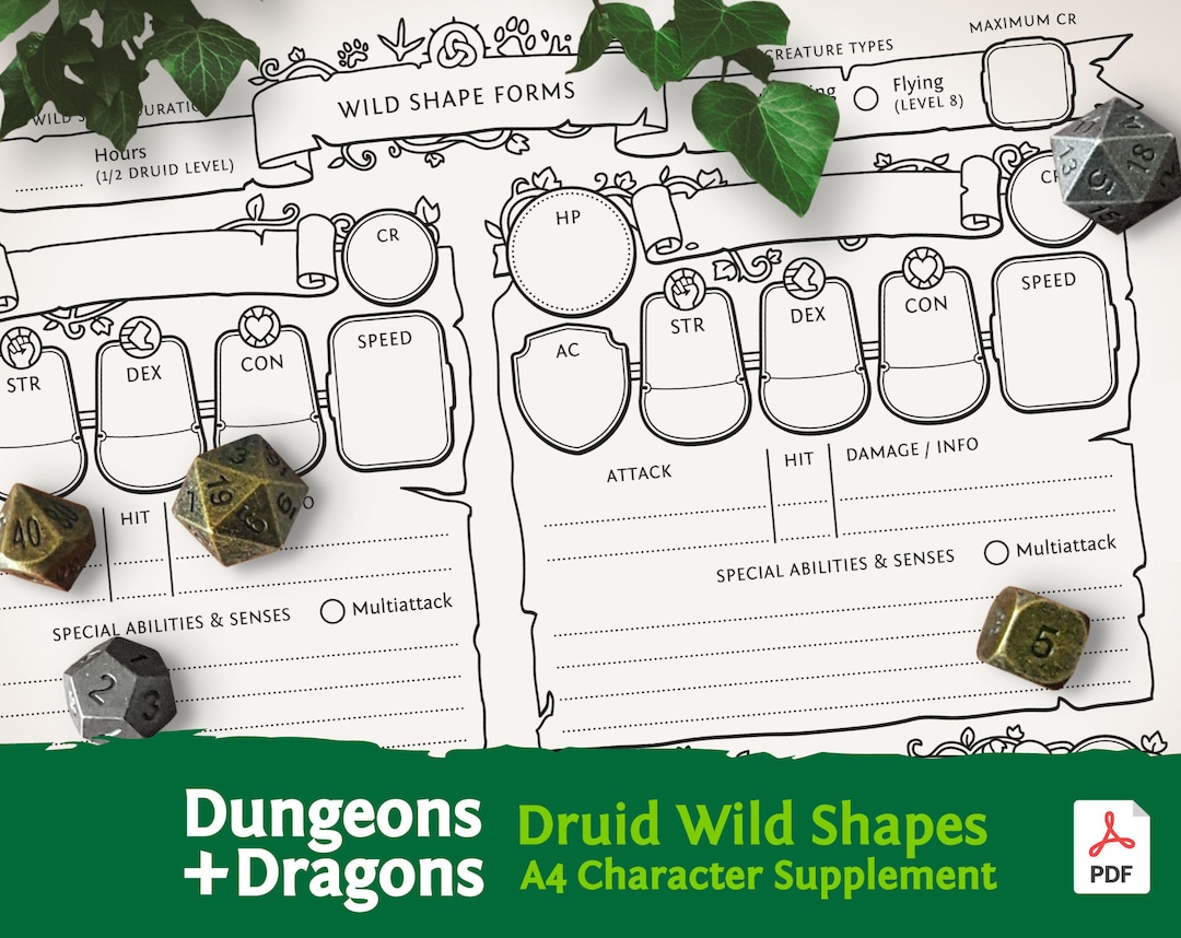 Dnd 5e Druid Wild Shapes A4 Character Sheet Pdf Compatible With Fifth