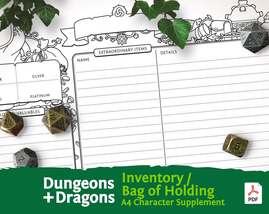 Dnd A4 Inventory / Bag of Holding: Character Sheet PDF Compatible With ...