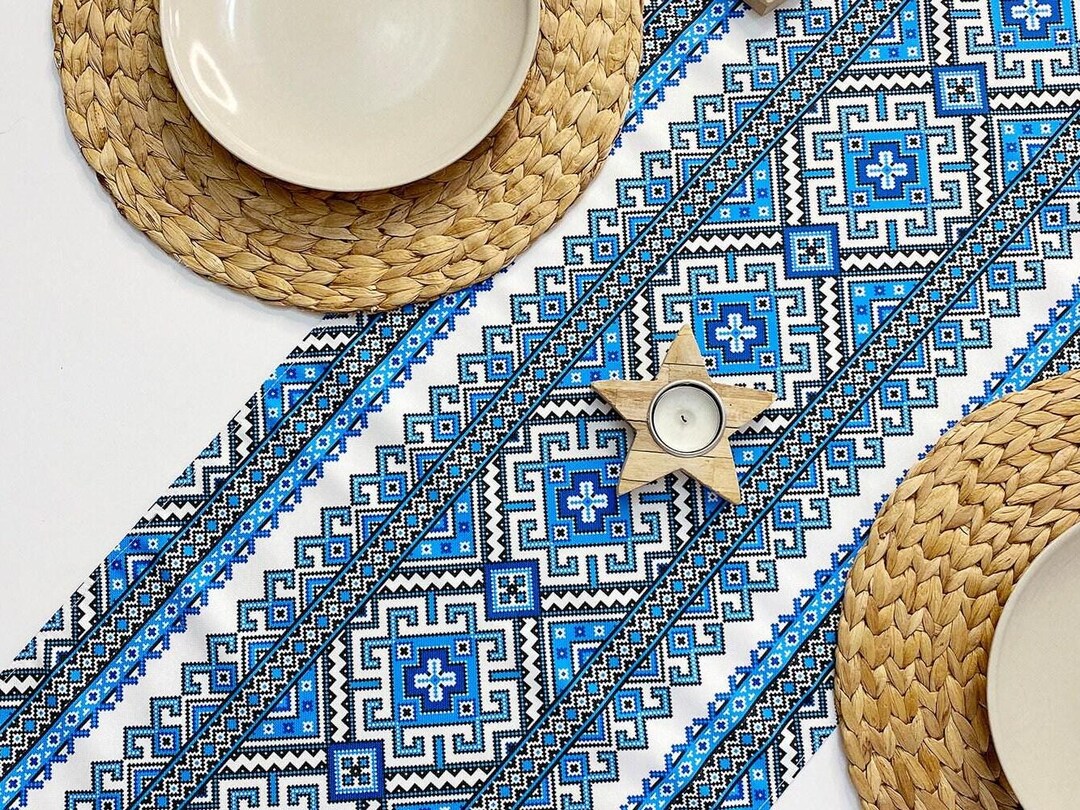 Table Runner With Ukrainian Ornaments, Blue Table Cloth, Farmhouse ...