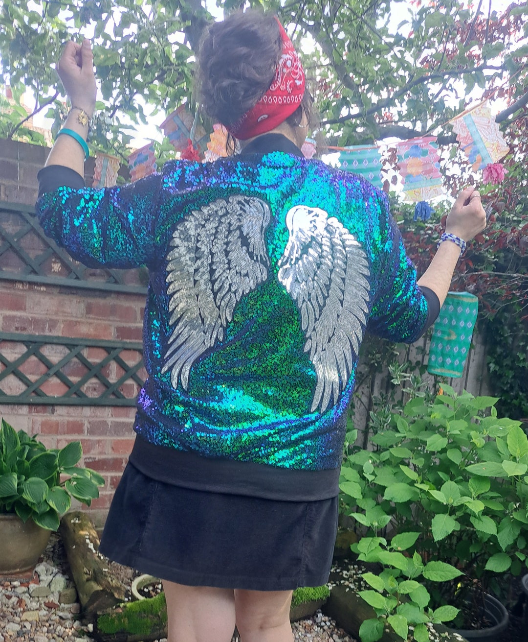 Green Sequin Jacket With Silver Angel Wings Festival Outfit Rave Disco ...