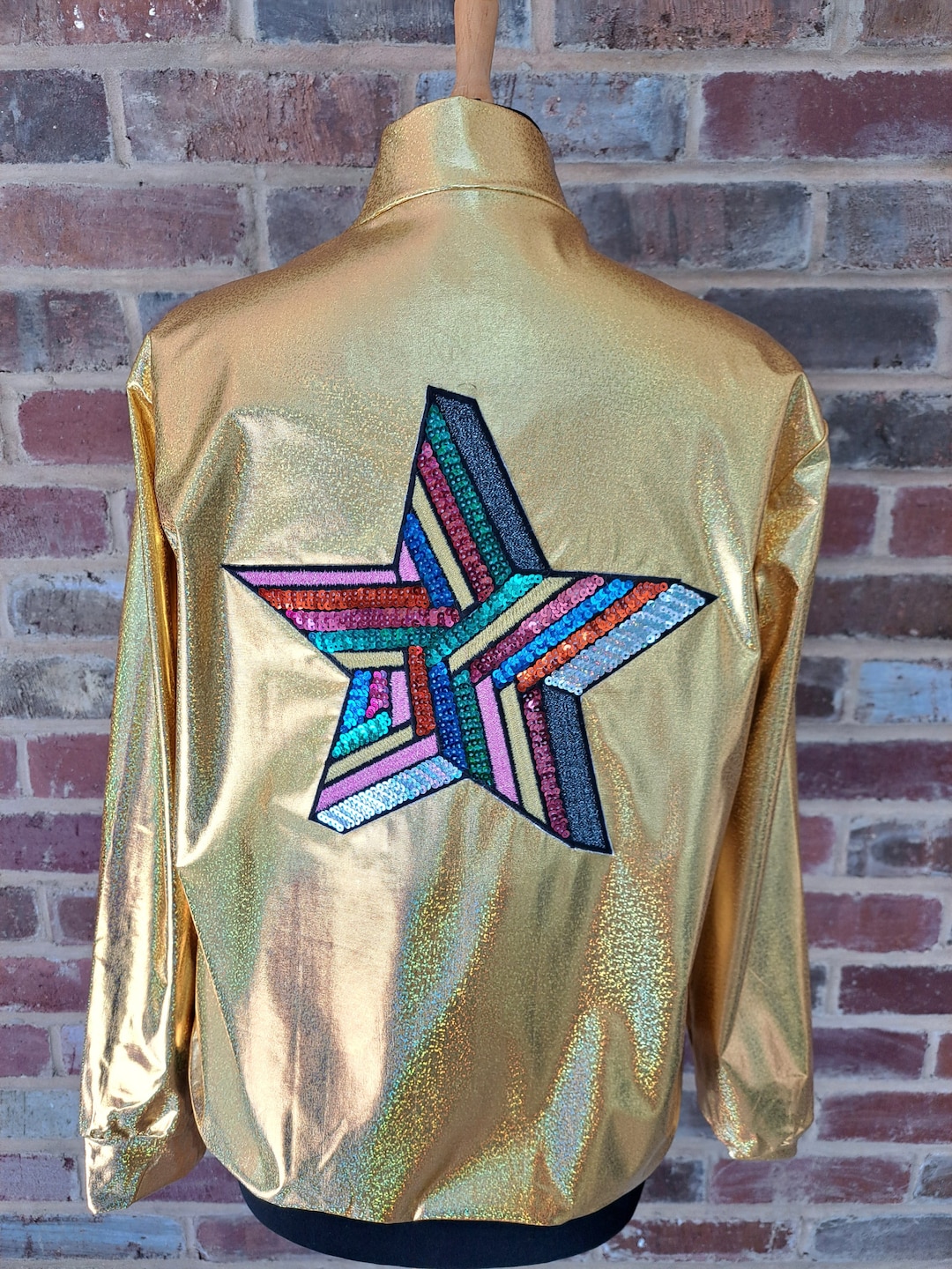 Gold Shiny Holographic Jacket With Sequin Covered Multi Coloured Star ...