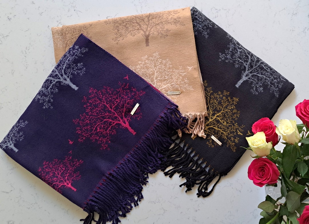 Ladies Scarf Tree of Life Two Tone With Tassels Shawl Warm & Cosy Navy ...