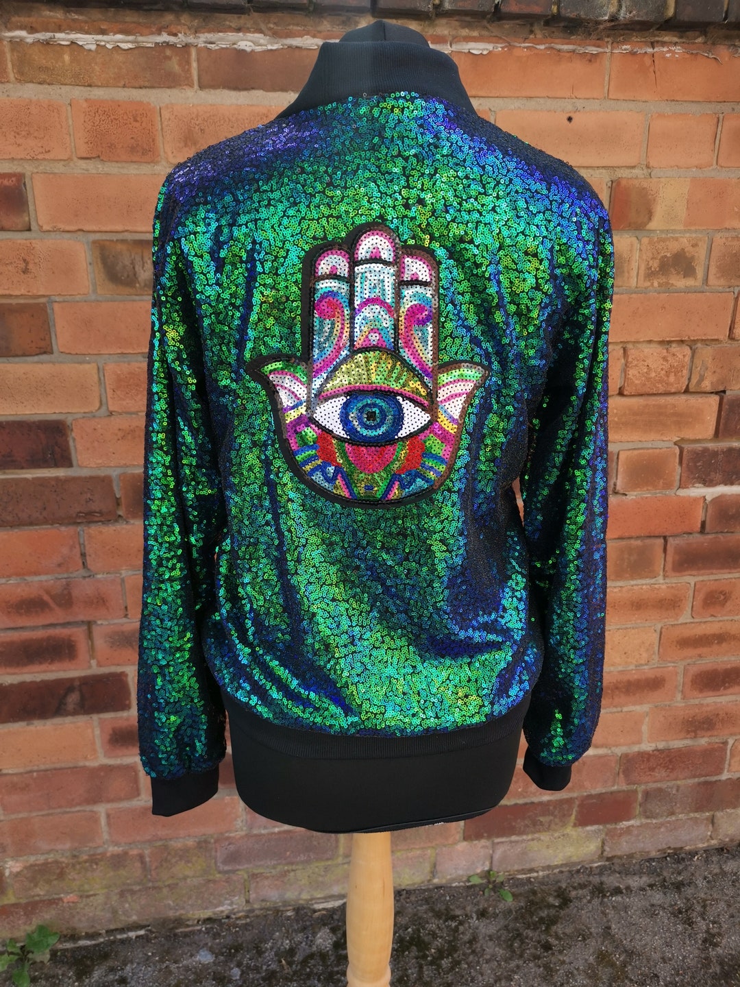 Green Sequin Jacket With Sequin Hamza Hands to the Back Bomber Jacket ...
