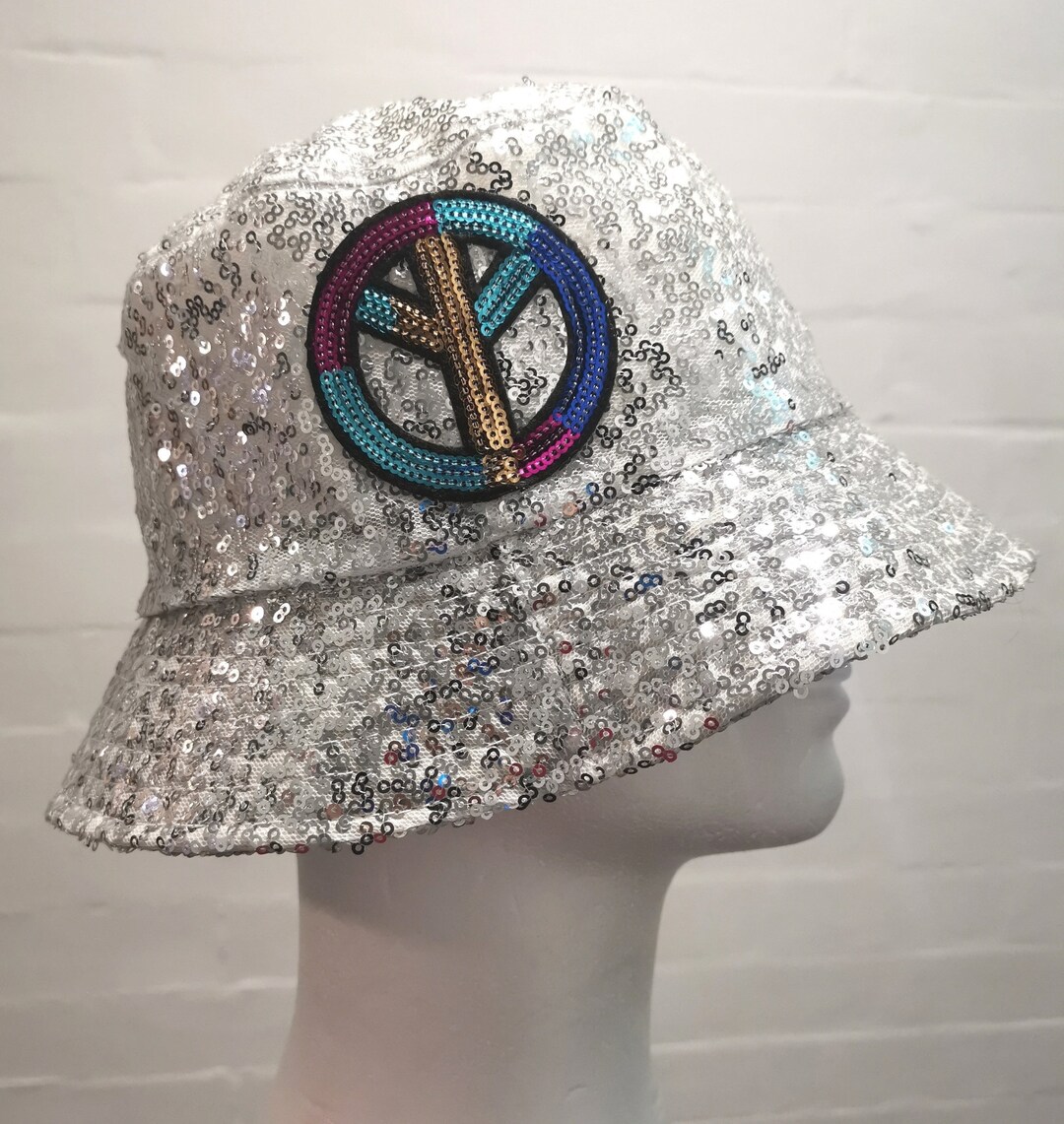 Silver Sequin Bucket Hat With Peace Motiv on Side of Hat - Etsy