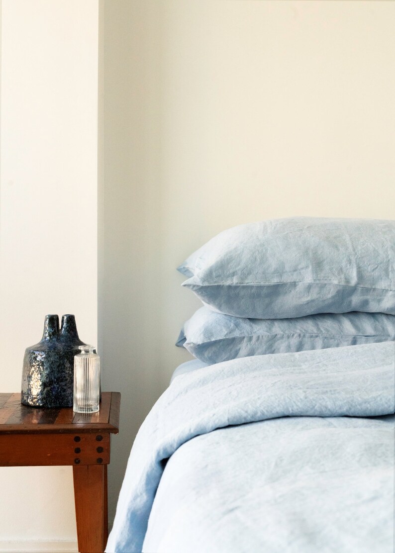 100% Linen DUVET Cover Set, Light Blue 4 Pieces, Washed European Flax ...