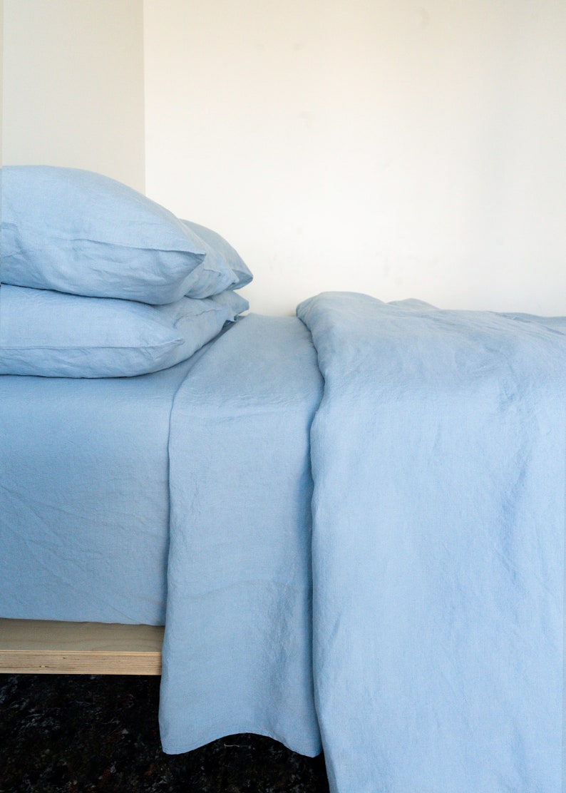 100% Linen DUVET Cover Set, Light Blue 4 Pieces, Washed European Flax ...