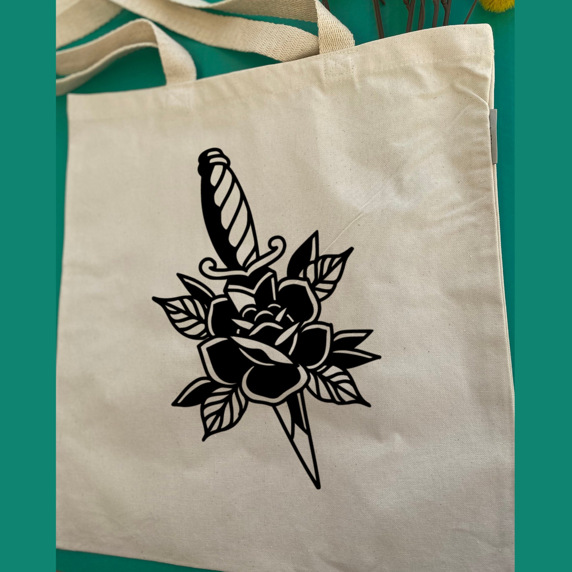 Rose Tattoo Flash Art Tote Bag, Canvas Tote, Traditional Flash ...