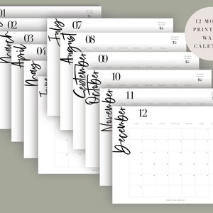 12 Month Horizontal Printable Download Wall Calendar - Etsy