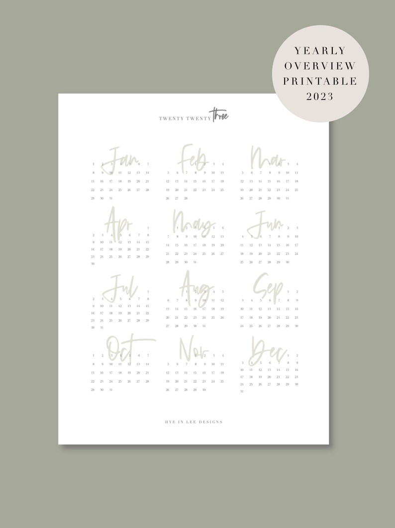 2023 Yearly Overview PRINTABLE DOWNLOAD Wall Calendar Desk Calendar ...
