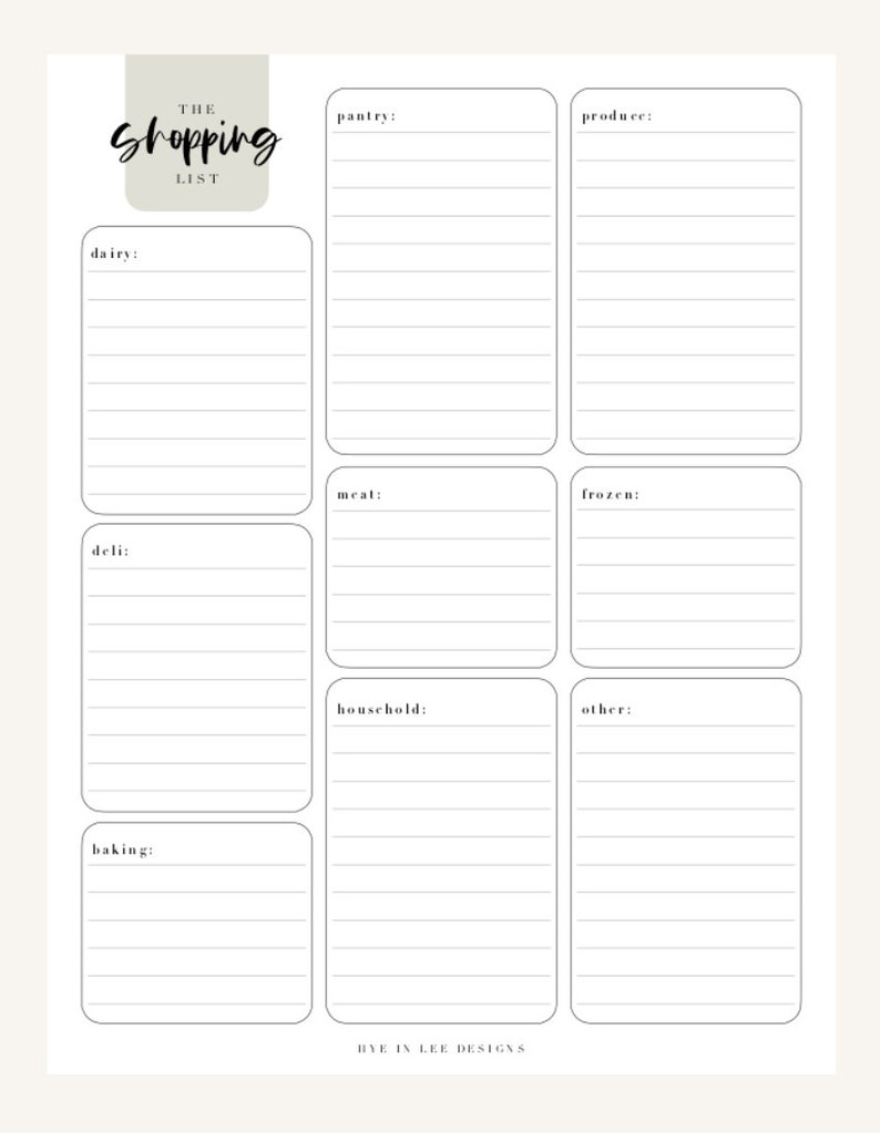 Shopping List | Printable | Digital Download | Sections | Sectioned ...