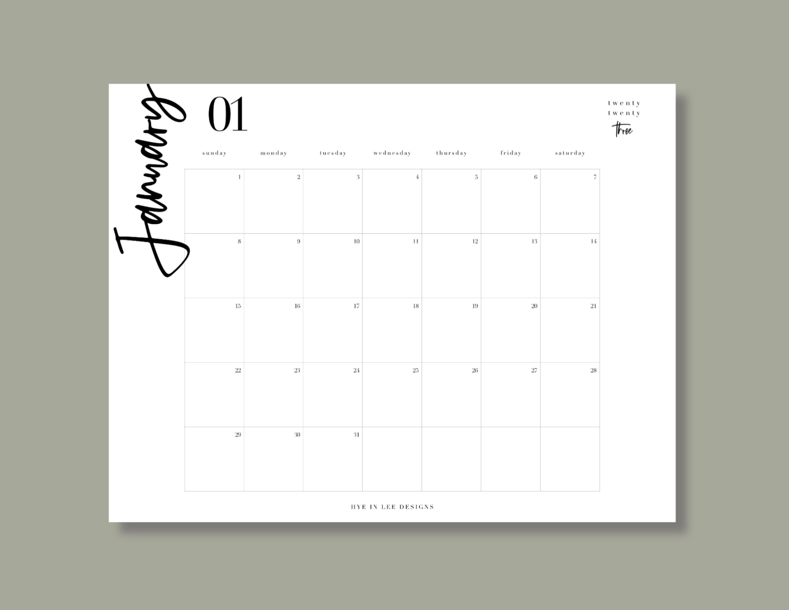 12 Month Horizontal Printable Download Wall Calendar Minimalistic ...