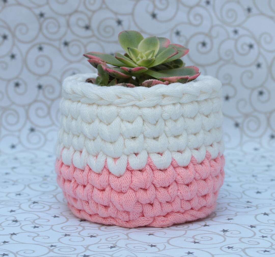 Maceta a crochet, canasta bicolor hecha a mano para decoración, color a ...