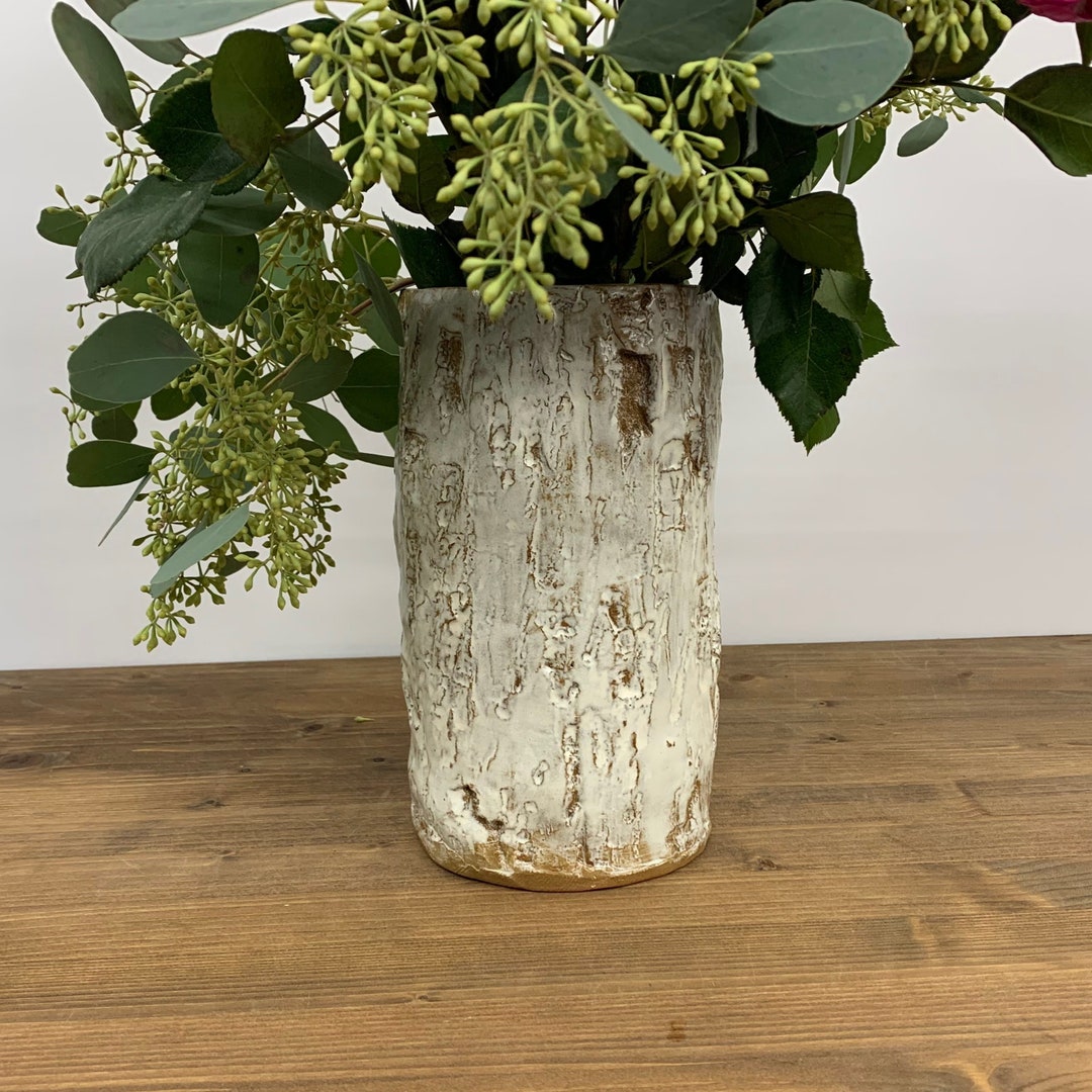 Ceramic Flower Vase | Birch Bark Boho Decor | Rustic, Natural, Earthy ...