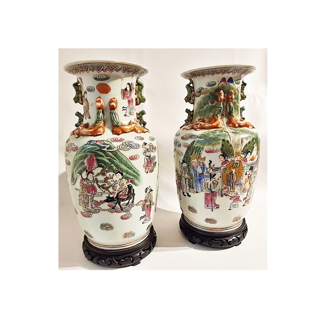 Pair of Antique c 1920 Canton Style Handmade, Hand Painted famille-rose ...