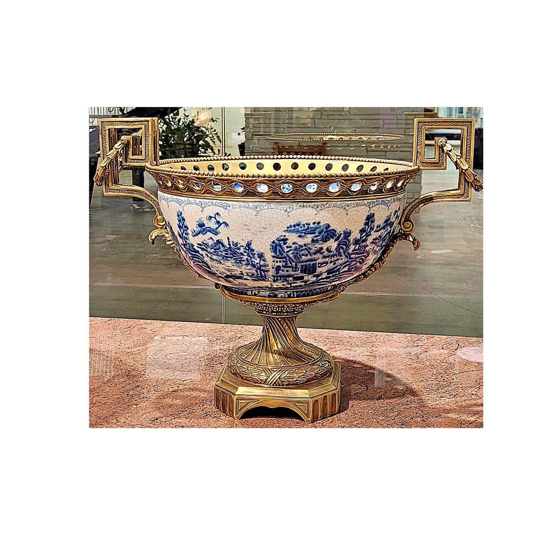 Blue, White Round Chinoiserie Basin Vase/trophy Vase. Ornate Bronze ...