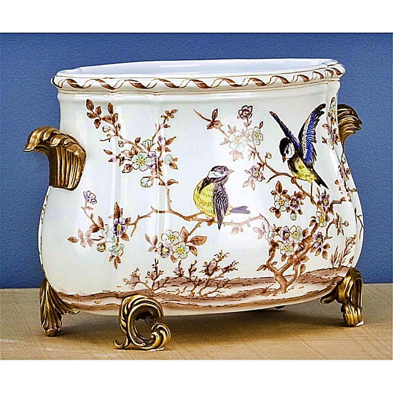 Colorful Oval Porcelain Chinoiserie Planter/cachepot. Bronze Feet and ...