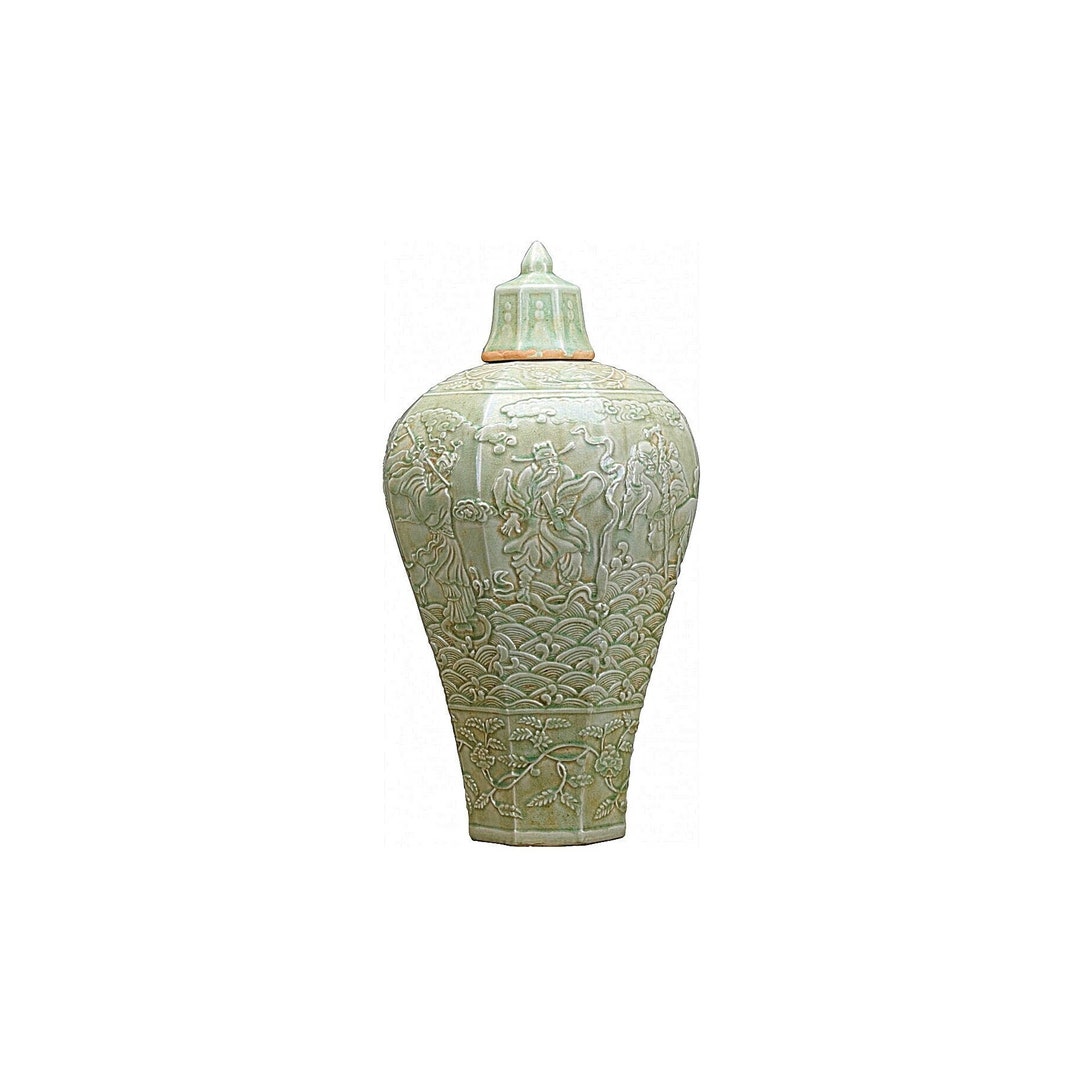 Chinese Porcelain Celadon Lidded Jar. Detailed High Relief of Courtier ...