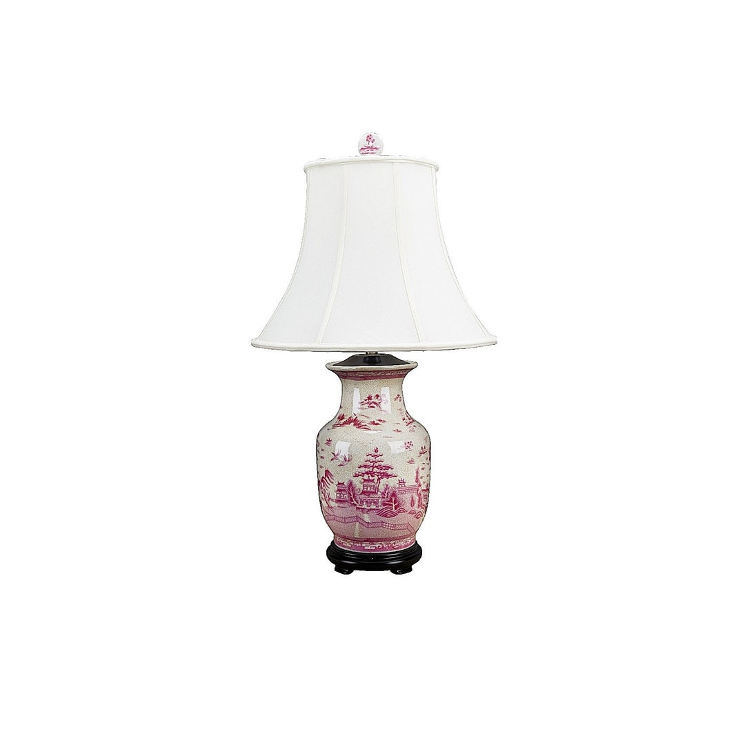 Pink and White Vase-shaped Lamp With Porcelain Finial and Wood Base ...