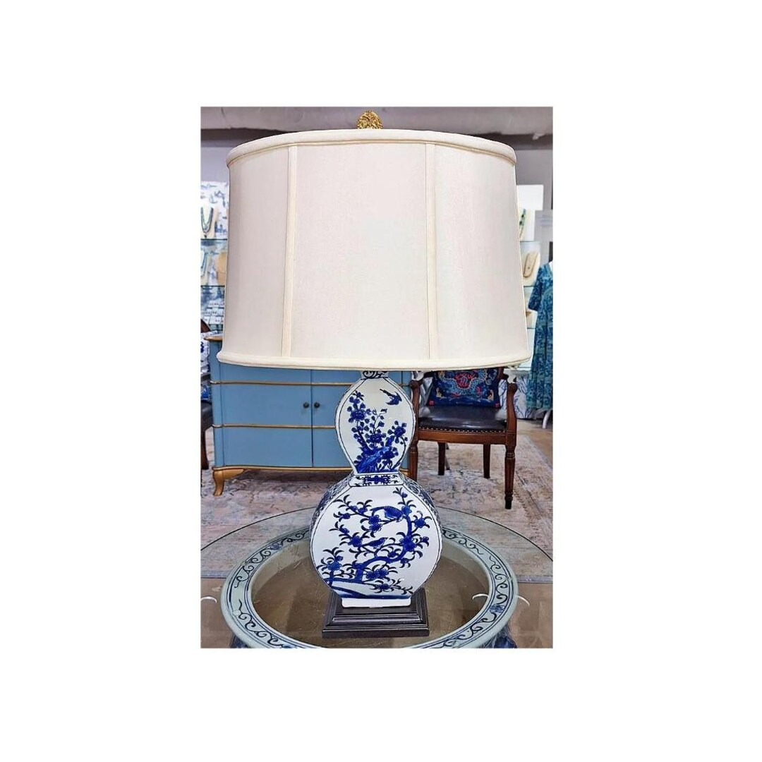 Ming Blue, White Flattened Gourd Shape Chinoiserie Porcelain Lamp. Hand ...