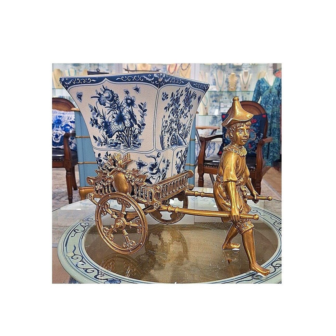 Chinoiserie Ormolu Bronze Rickshaw Man Porcelain Planter. Blue, White ...