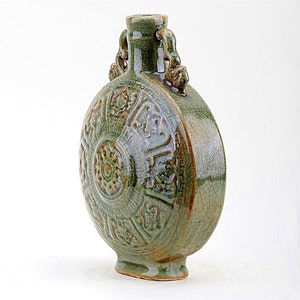 Celadon Moon Shape Chinoiserie Vase With Decorative Handles. Handmade ...