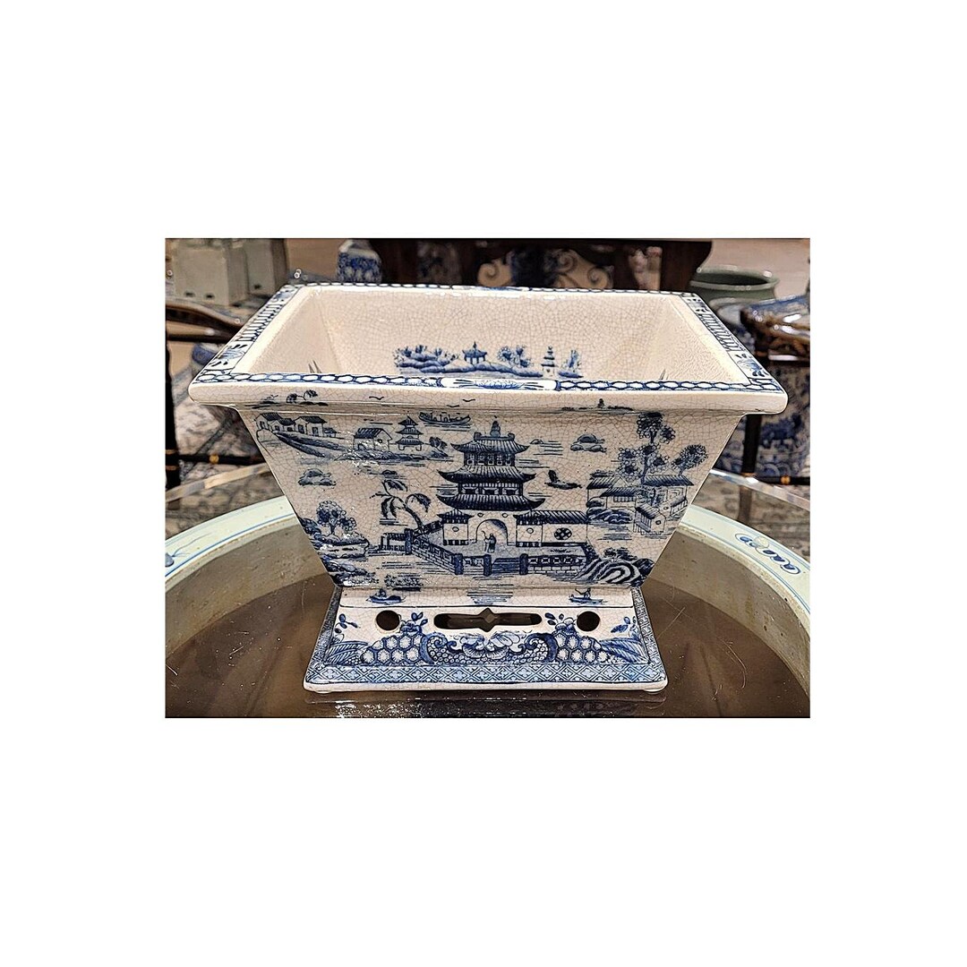 Blue, White Rectangular pedestal Chinoiserie Porcelain Basin/planter ...