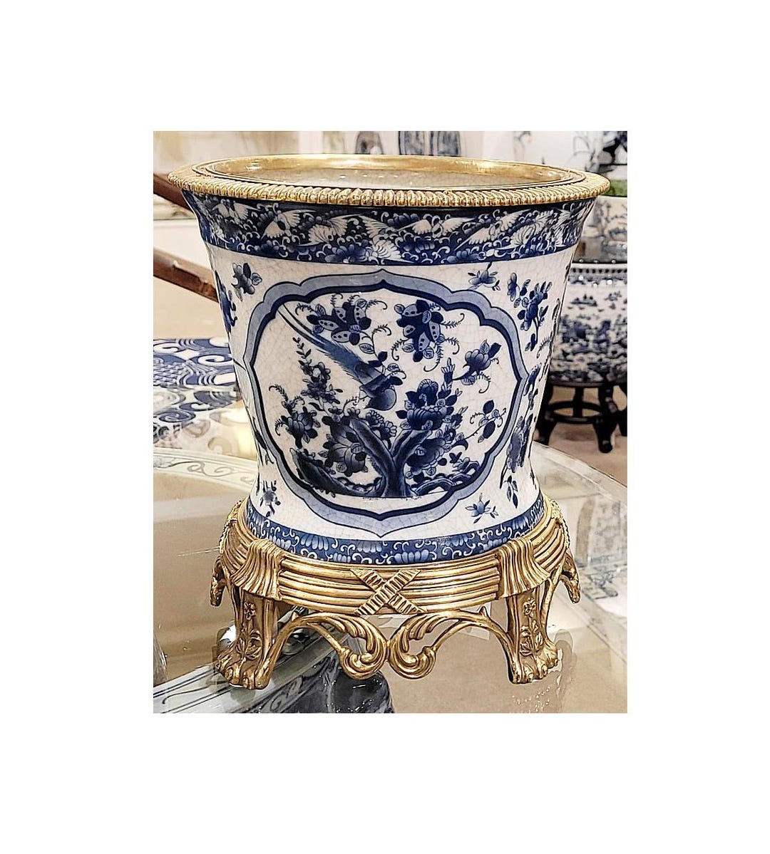 Ming Blue and White Porcelain Chinoiserie Planter/jardiniere. Bronze ...