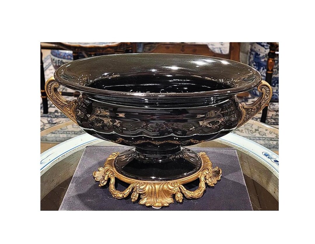 Centerpiece Porcelain Hand Painted Black/ebony Oval Planter/compote ...
