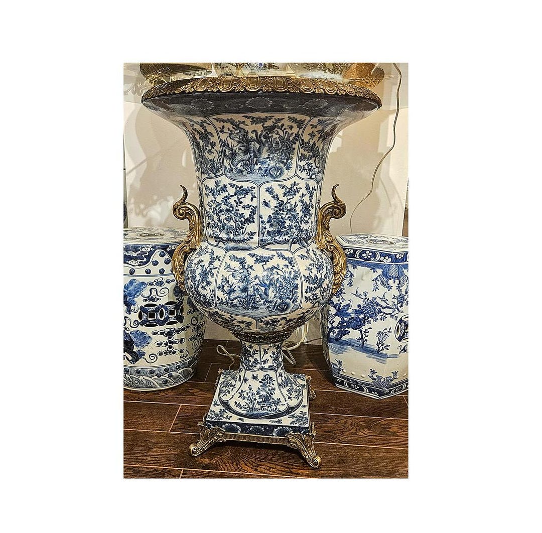 Monumental Porcelain Chinoiserie Trophy Urn/vase. Hand Painted Blue ...